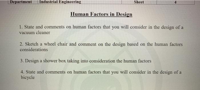 Solved Department Industrial Engineering Sheet Human Factors | Chegg.com