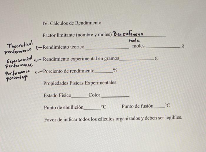 IV. Cálculos de Rendimiento Factor limitante (nombre | Chegg.com