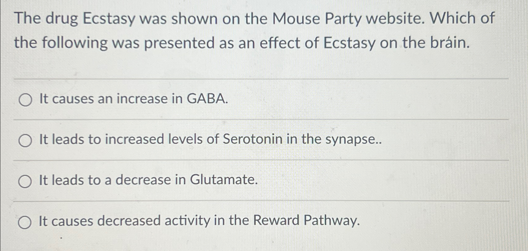 Solved The drug Ecstasy was shown on the Mouse Party | Chegg.com