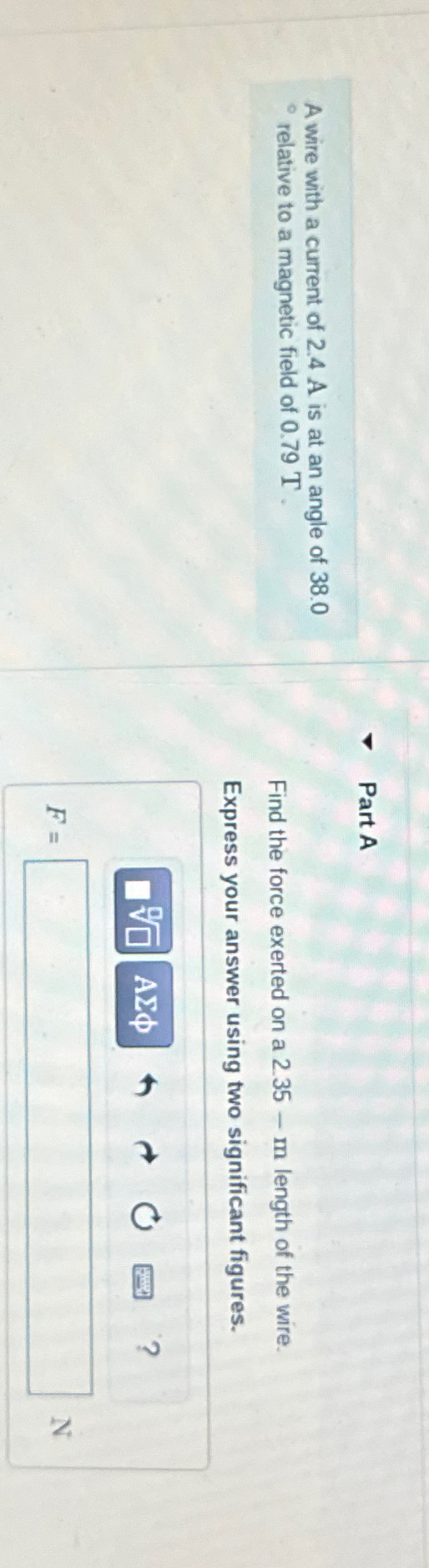 Solved A wire with a current of 2.4A ﻿is at an angle of | Chegg.com