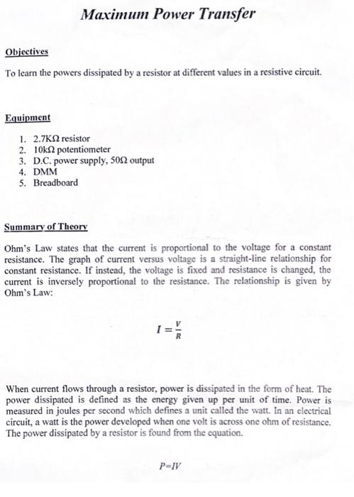 Solved Maximum Power Transfer Objectives To learn the powers | Chegg.com