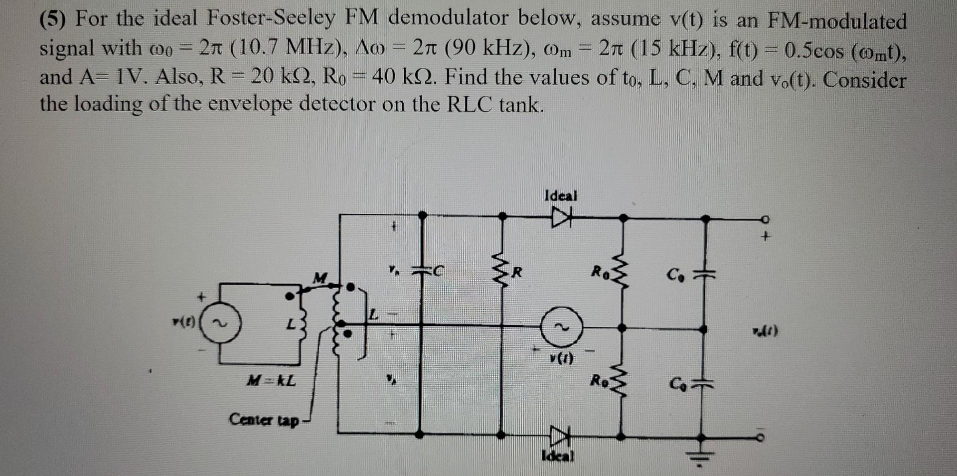 Solved (5) For the ideal Foster-Seeley FM demodulator below, | Chegg.com