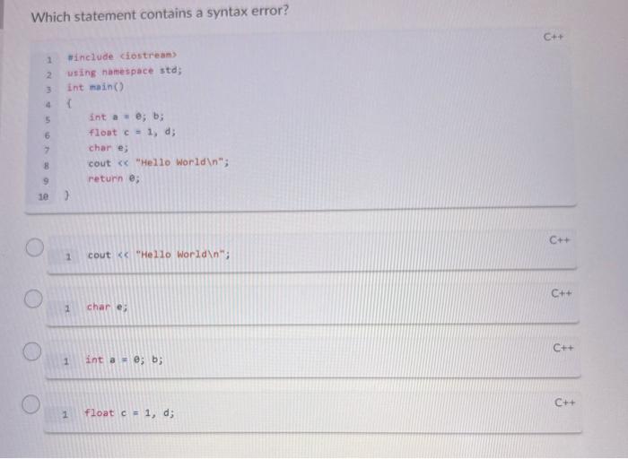 Solved Which statement contains a syntax error? return e; ) | Chegg.com