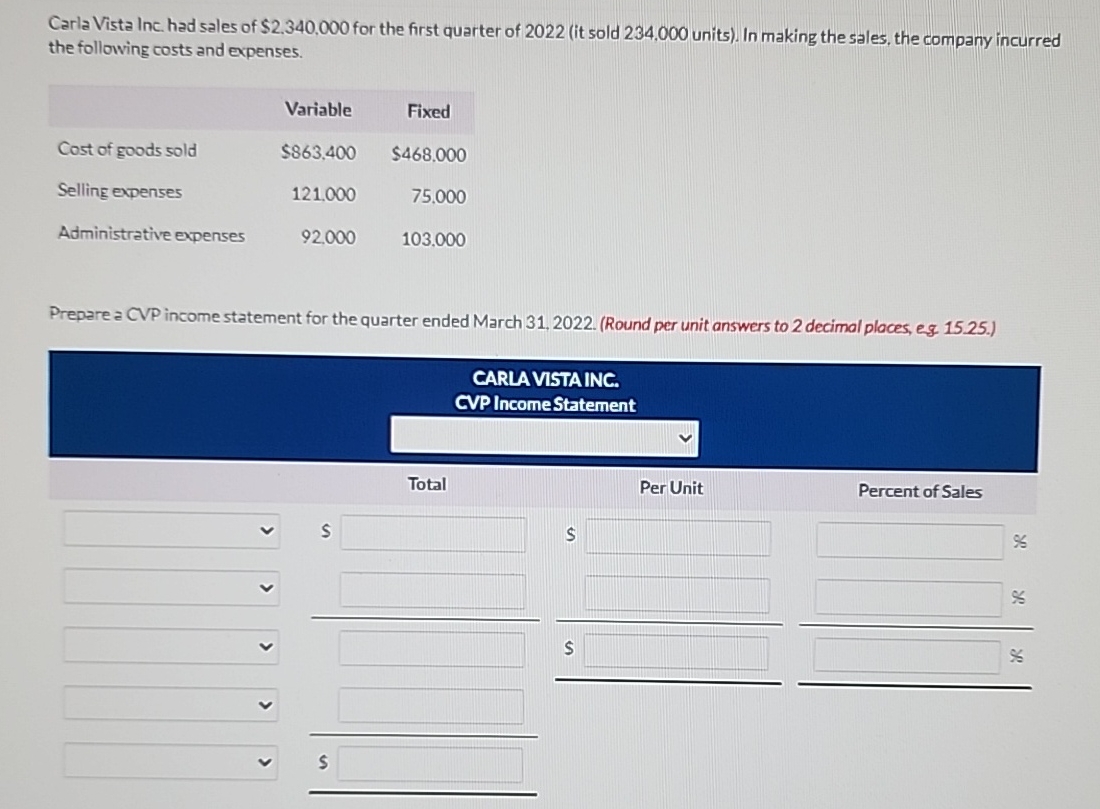 Solved Carla Vista Inc. had sales of $2.340,000 ﻿for the | Chegg.com