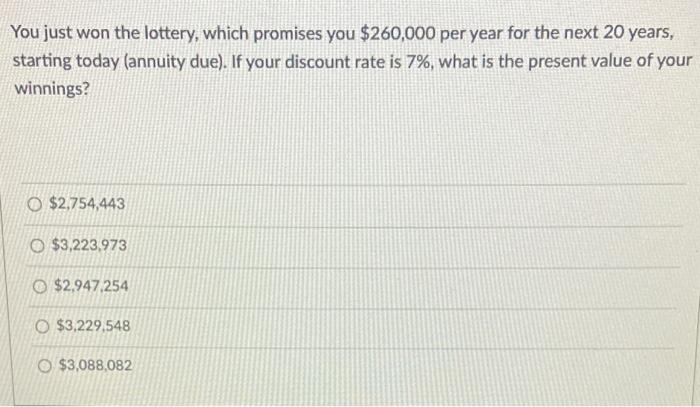 Solved You just won the lottery, which promises you $260,000 | Chegg.com