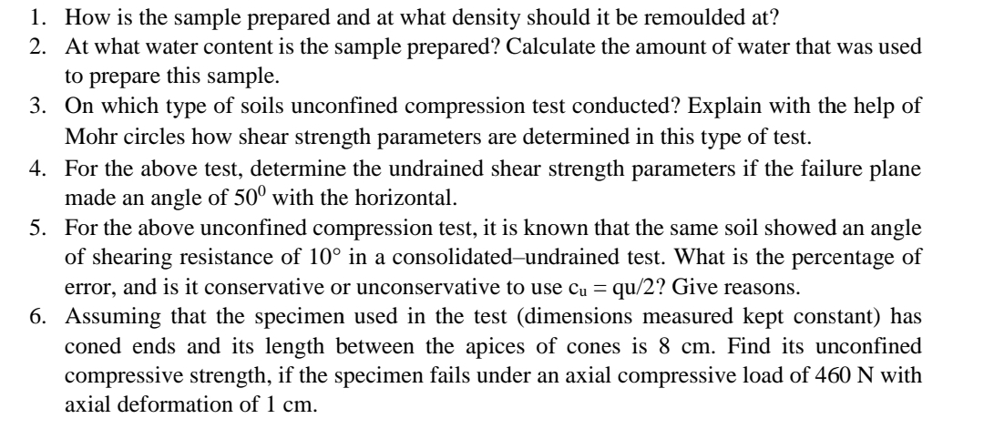 Solved How is the sample for unconfined compression | Chegg.com