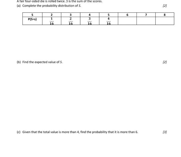 Solved a fair four -sided die rolled twice.a. complete the | Chegg.com