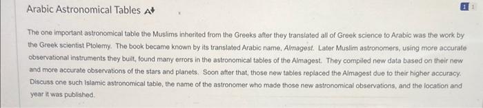 Solved Arabic Astronomical Tables At The one important | Chegg.com