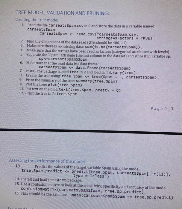 Solved TREE MODEL, VALIDATION AND PRUNING: Creating the tree | Chegg.com