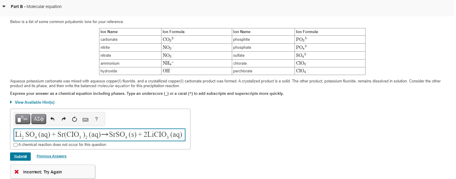Solved Part B - ﻿Molecular equationBelow is a list of some | Chegg.com