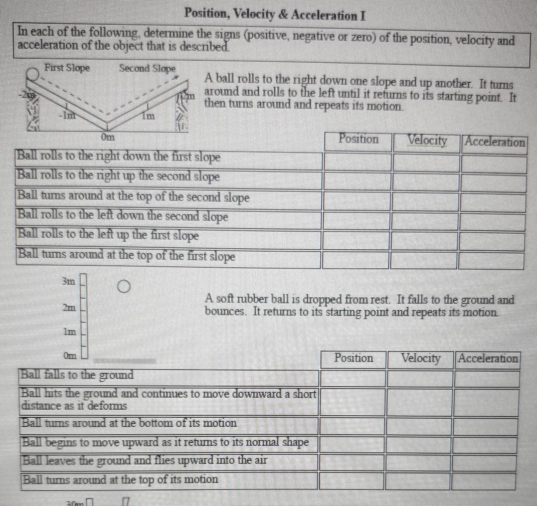 Solved Position Velocity And Acceleration I In Each Of The