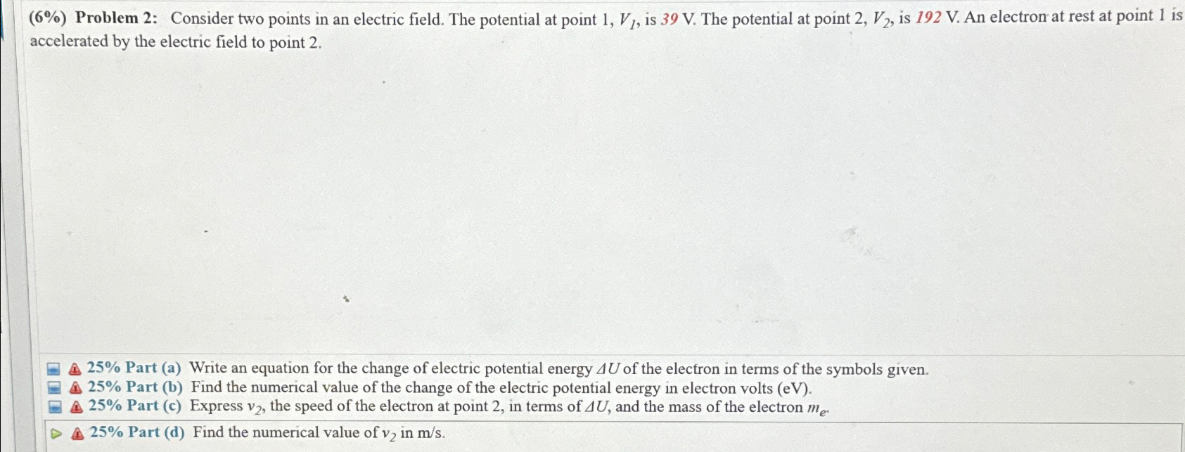 Solved Problem 2: Consider two points in an electric field. | Chegg.com
