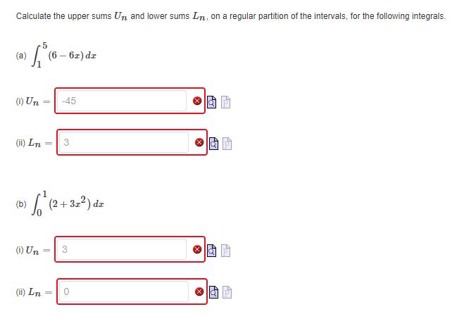 Solved Calculate the upper sums Un ﻿and lower sums Ln, ﻿on a | Chegg.com