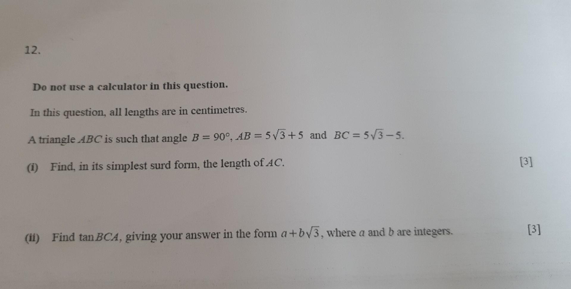 Solved Do not use a calculator in this question. In this | Chegg.com