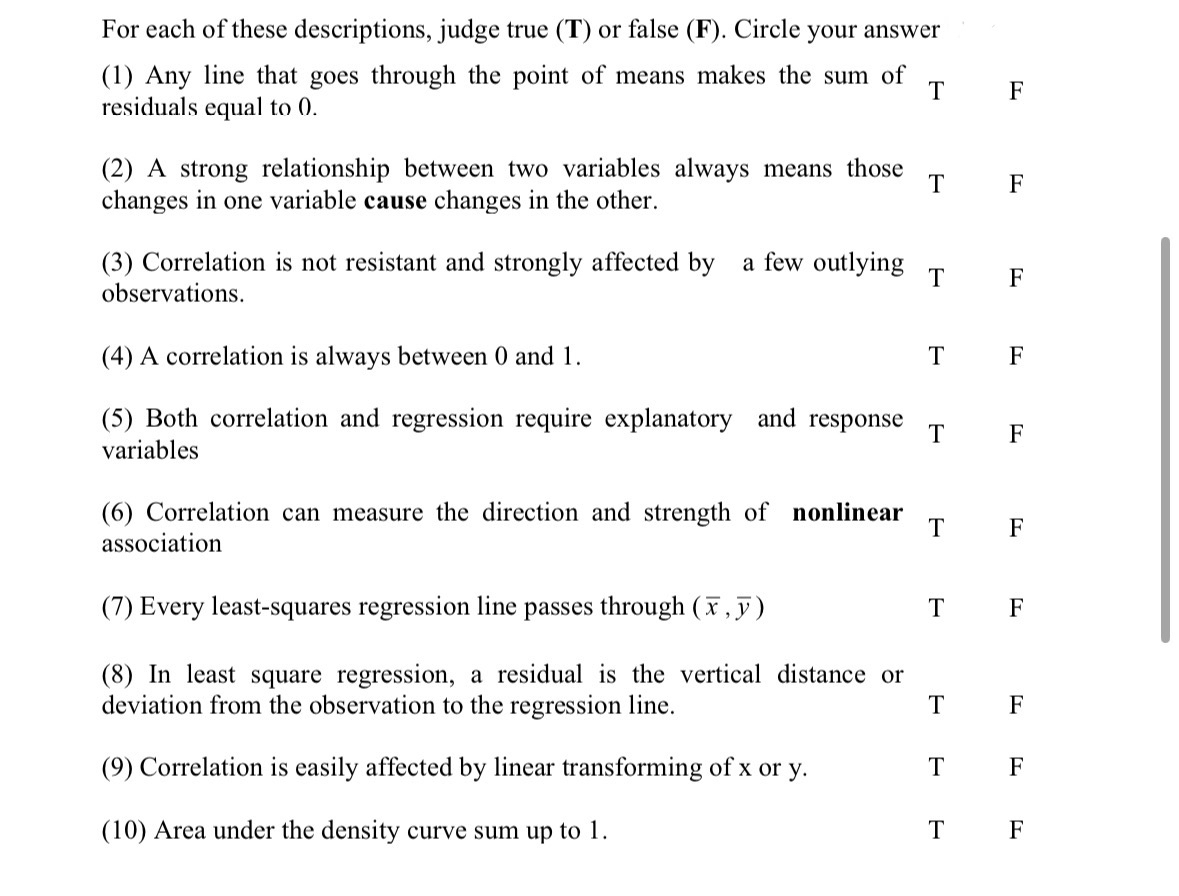 Solved For each of these descriptions, judge true (T) ﻿or | Chegg.com