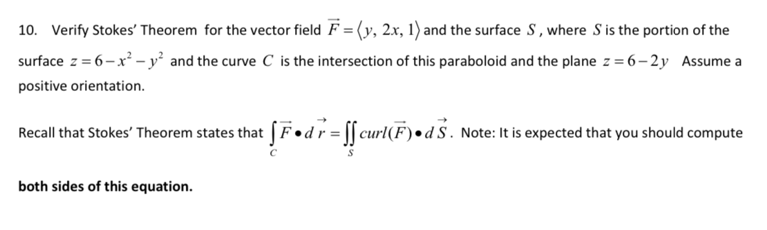 Solved 10. Verify Stokes' Theorem for the vector field | Chegg.com