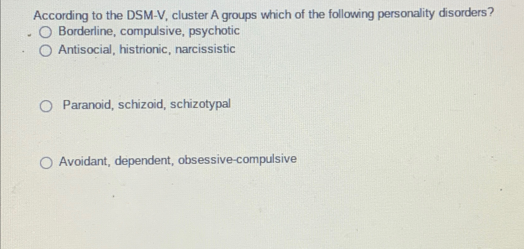 Solved According to the DSM-V, ﻿cluster A groups which of | Chegg.com