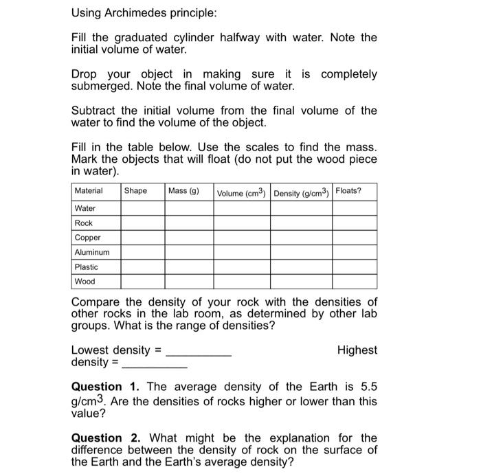 Solved Using Archimedes principle: Fill the graduated | Chegg.com