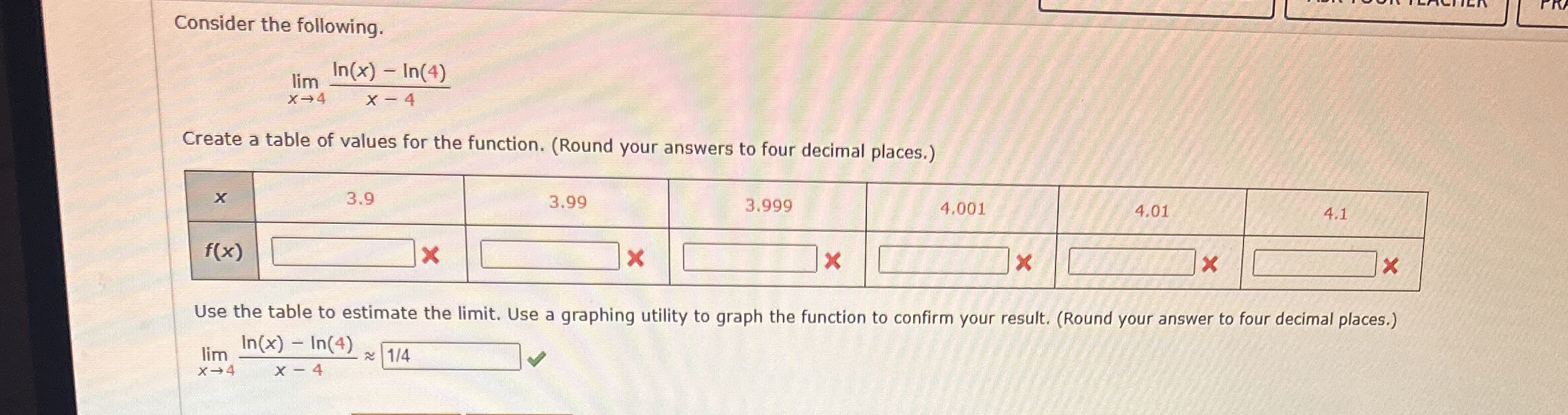 Solved Consider the following.limx→4ln(x)-ln(4)x-4Create a | Chegg.com