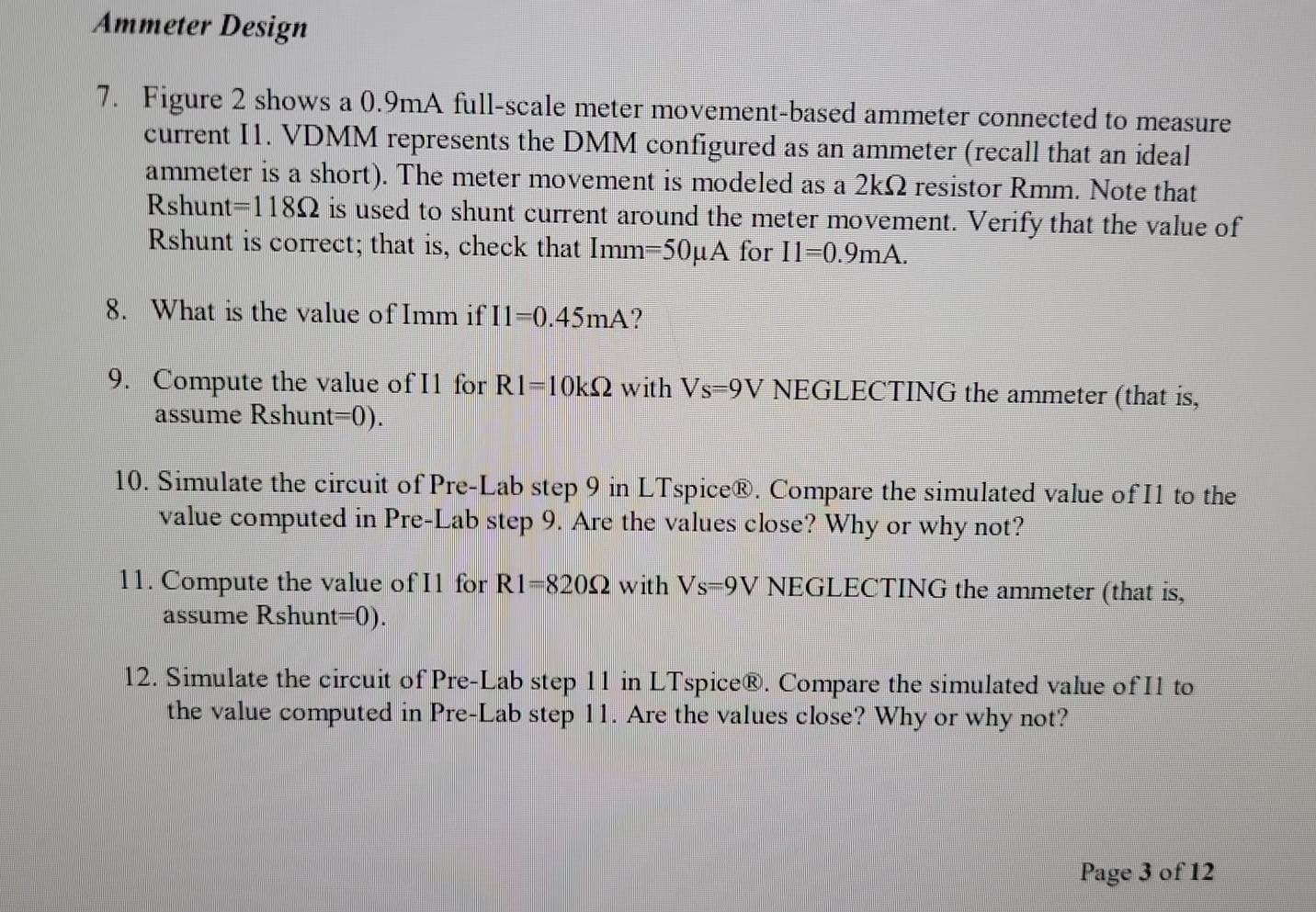 Solved Ammeter Design 7. Figure 2 shows a 0.9mA full-scale | Chegg.com