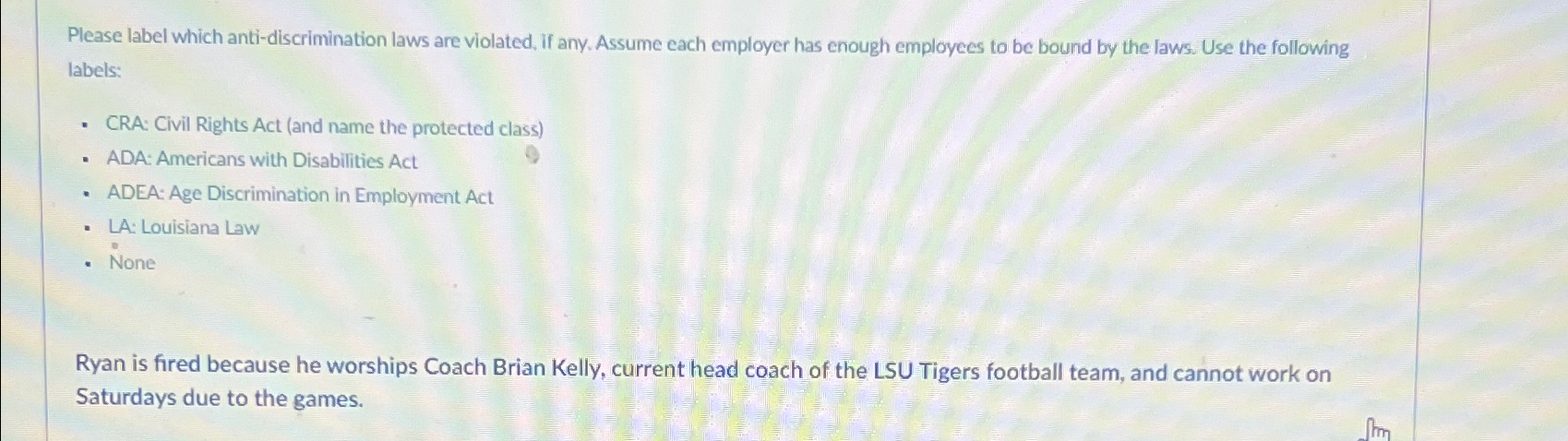 Solved Please label which anti-discrimination laws are | Chegg.com