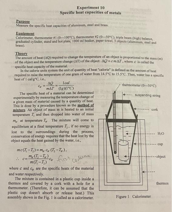 Solved Experiment 10 Specific heat capacities of metals lo | Chegg.com
