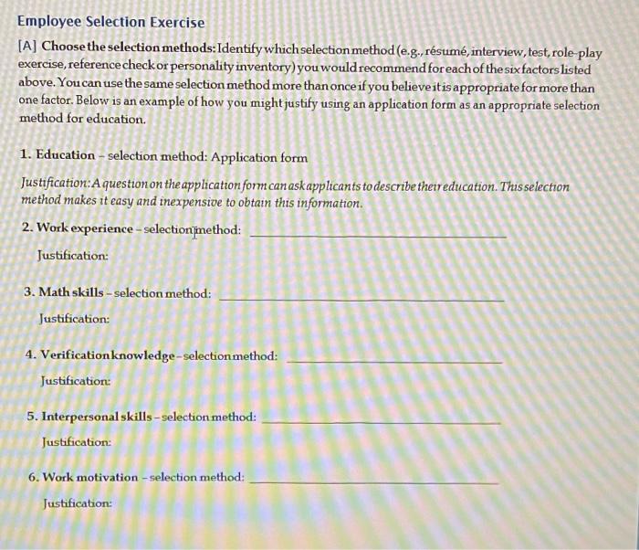 Solved Part 1: Employee Selection and Assessment For this | Chegg.com