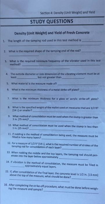 Solved Density (Unit Weight) and Yield of Fresh Concrete 1. | Chegg.com