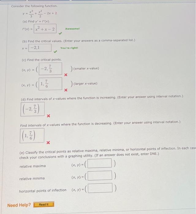 Solved Consider the following function. y=3x3+2x2−2x+2 (a) | Chegg.com