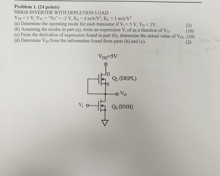 Solved Problem 1. (24 points) NMOS INVERTER WITH DEPLETION | Chegg.com