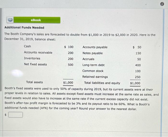 Solved Additional Funds Needed The Booth Company's sales are | Chegg.com