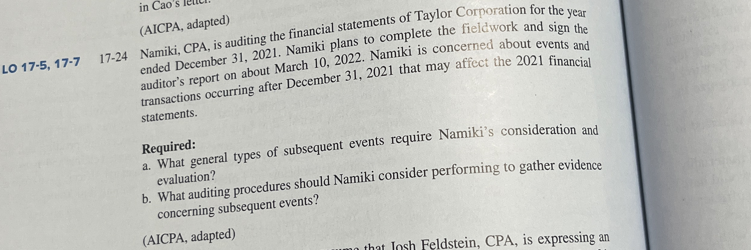Solved (AICPA, ﻿adapted)LO 17-5, 17-7 17-24 ﻿Namiki, CPA, is | Chegg.com
