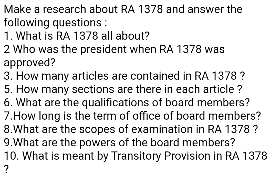Solved Make a research about RA 1378 and answer the | Chegg.com