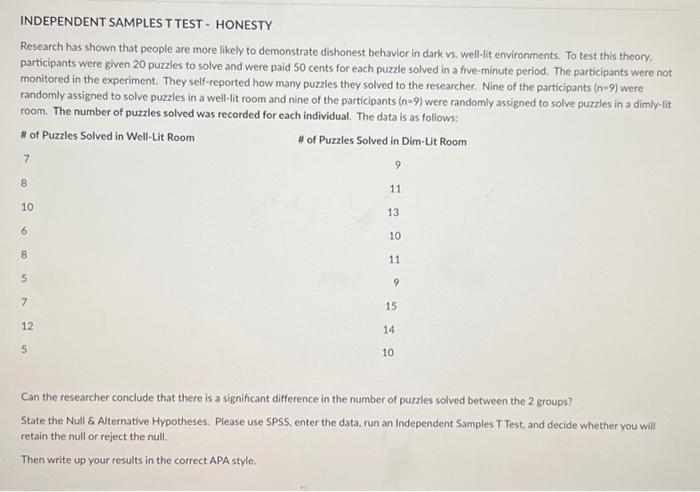 Solved INDEPENDENT SAMPLES T TEST - HONESTY Research has | Chegg.com