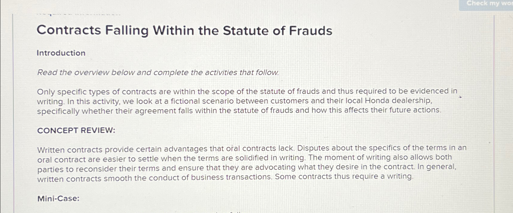 Solved Contracts Falling Within the Statute of | Chegg.com