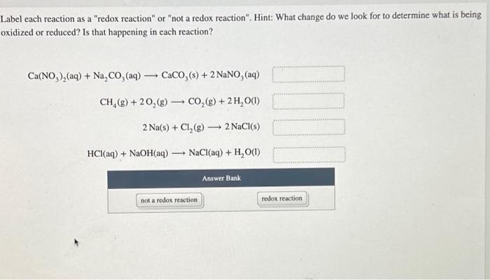 Solved Label each reaction as a "redox reaction" or "not a | Chegg.com