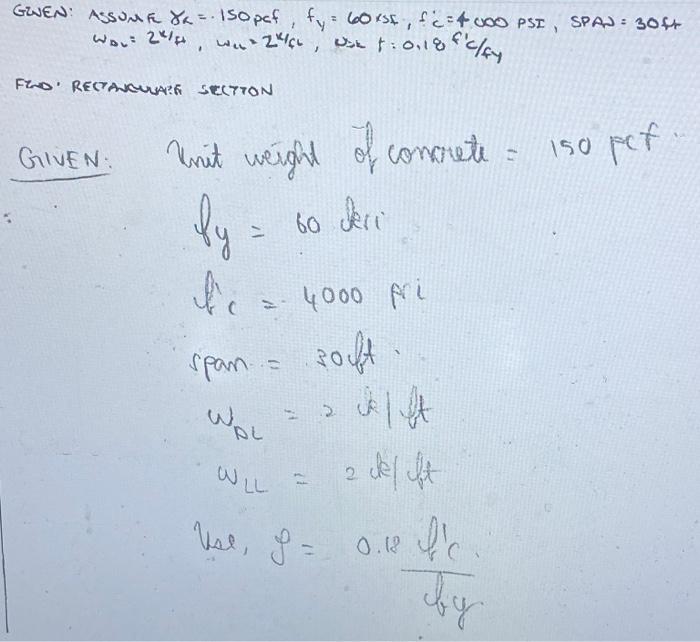Solved GWEN: ASSUMF γk=150 PCF, fy=60KSF,fc=4000 PSI, SPAN | Chegg.com