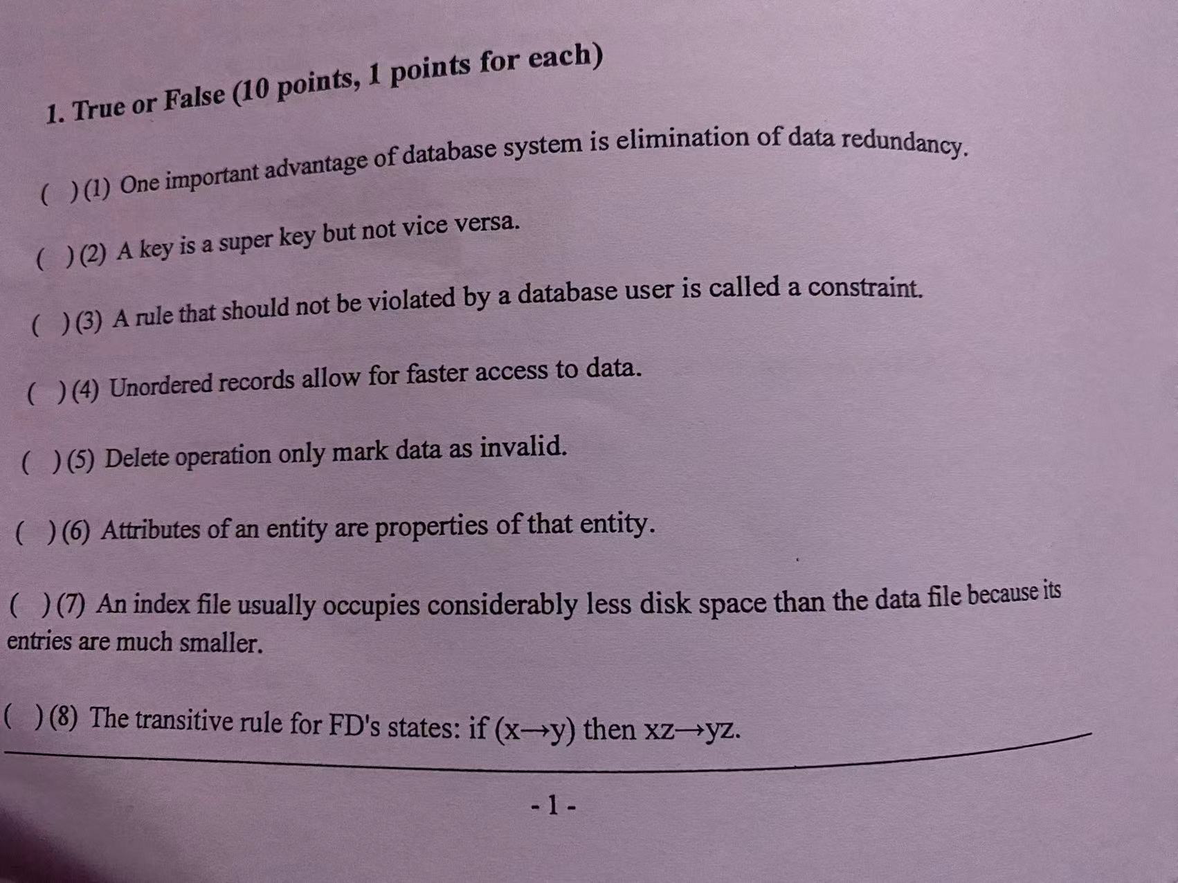 Solved True or False (10 ﻿points, 1 ﻿points for each)( )(1) | Chegg.com