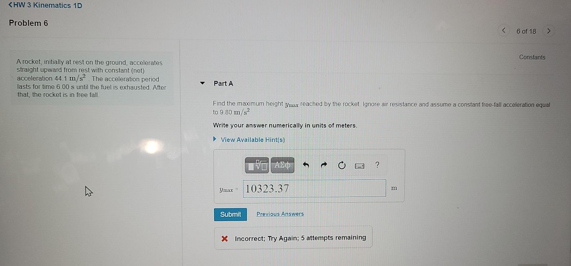 Solved Constants A rocket, initially at rest on the ground, | Chegg.com