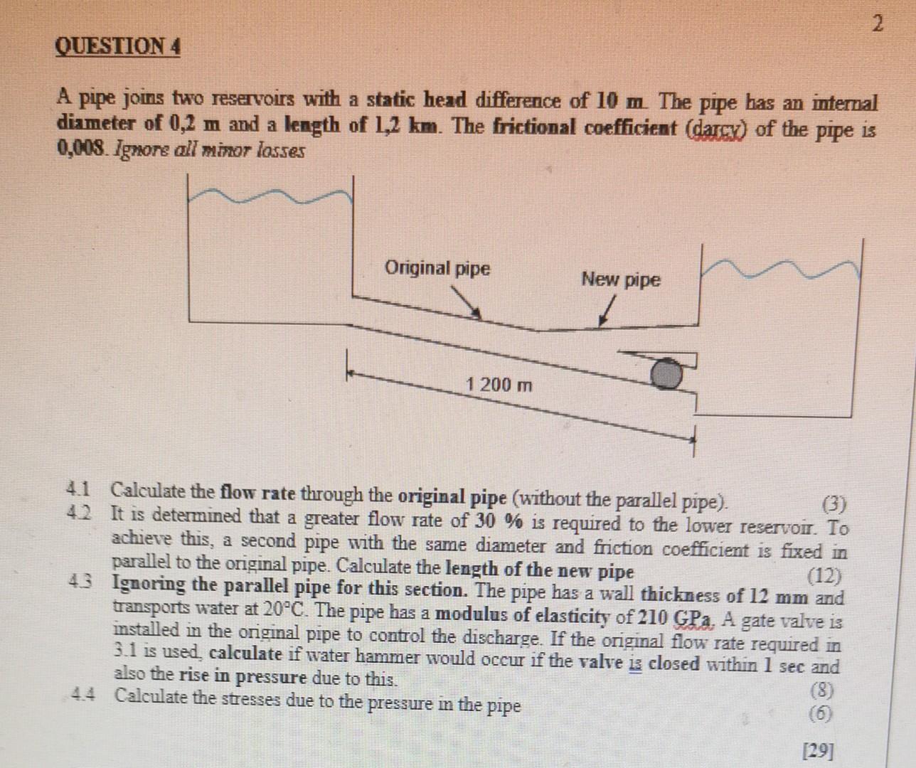 Solved A pipe joins two reservoirs with a static head | Chegg.com