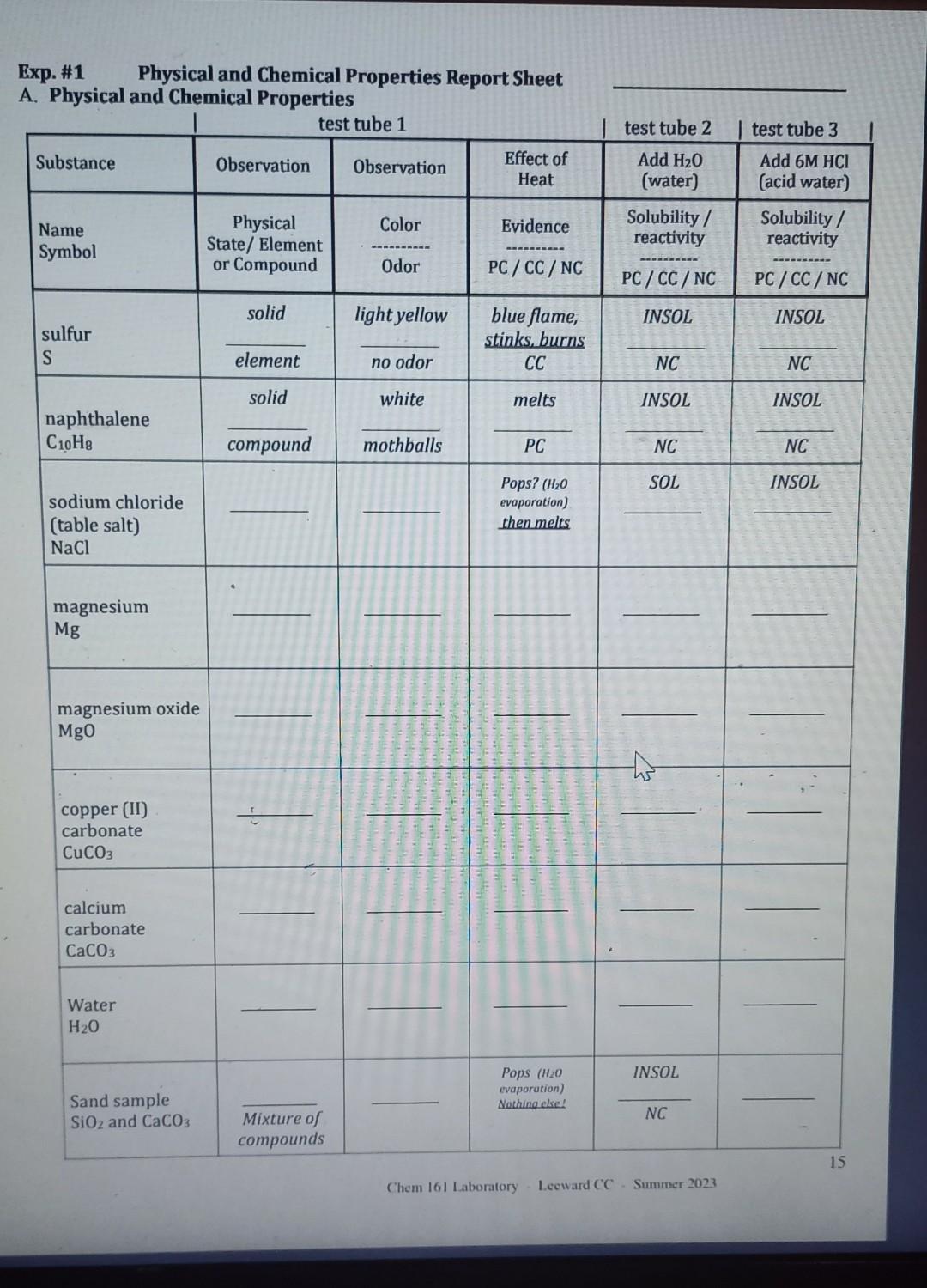 Solved Exp. \#1 Physical and Chemical Properties Report | Chegg.com