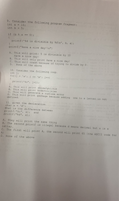Solved 9 Consider The Following Program Fragment Int A 10