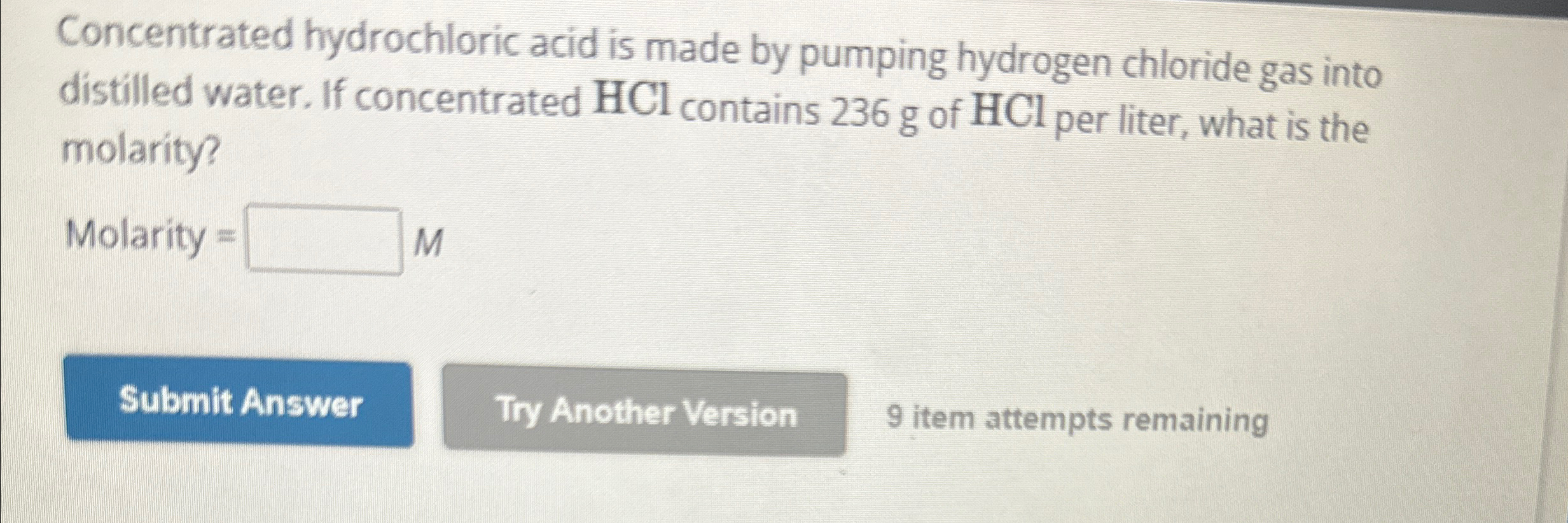 Solved Concentrated hydrochloric acid is made by pumping | Chegg.com