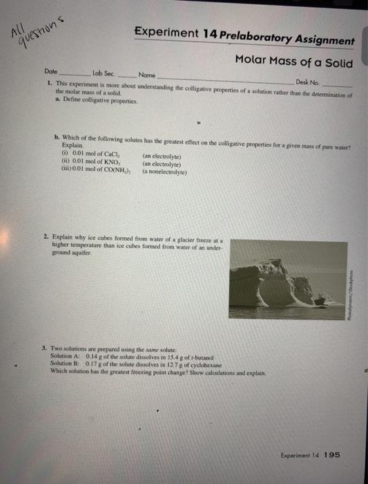 Solved All Experiment 14 Prelaboratory Assignment questions | Chegg.com