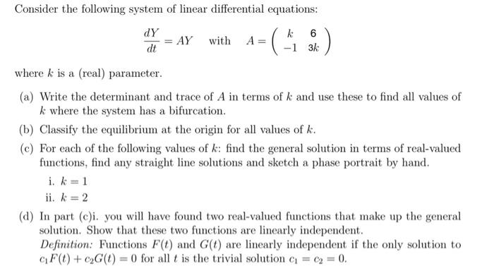 Solved Consider the following system of linear differential | Chegg.com