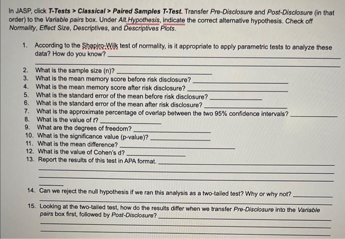 In JASP, click T-Tests > Classical > Paired Samples | Chegg.com