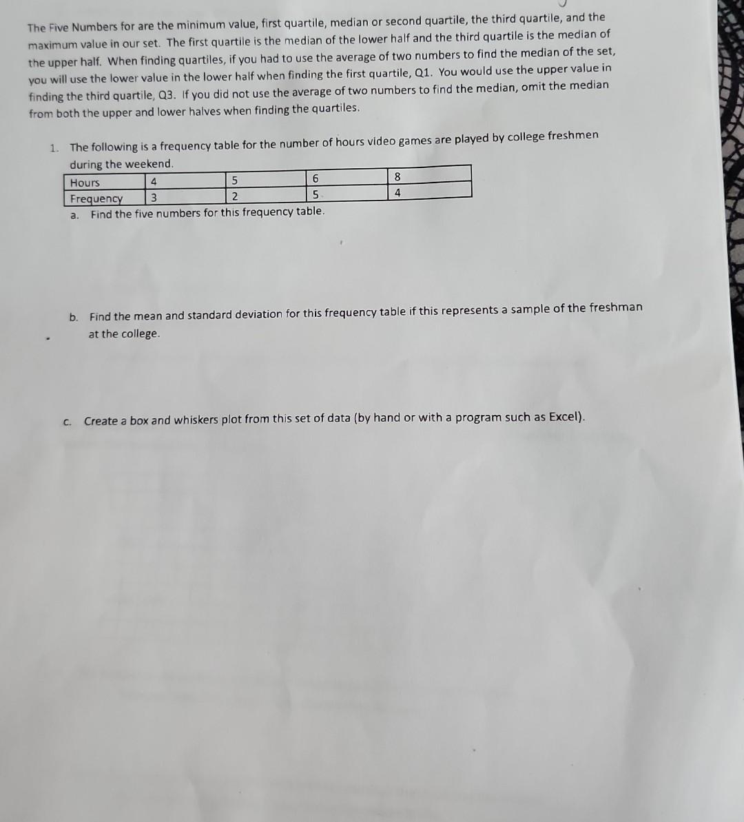 Solved The Five Numbers for are the minimum value, first | Chegg.com