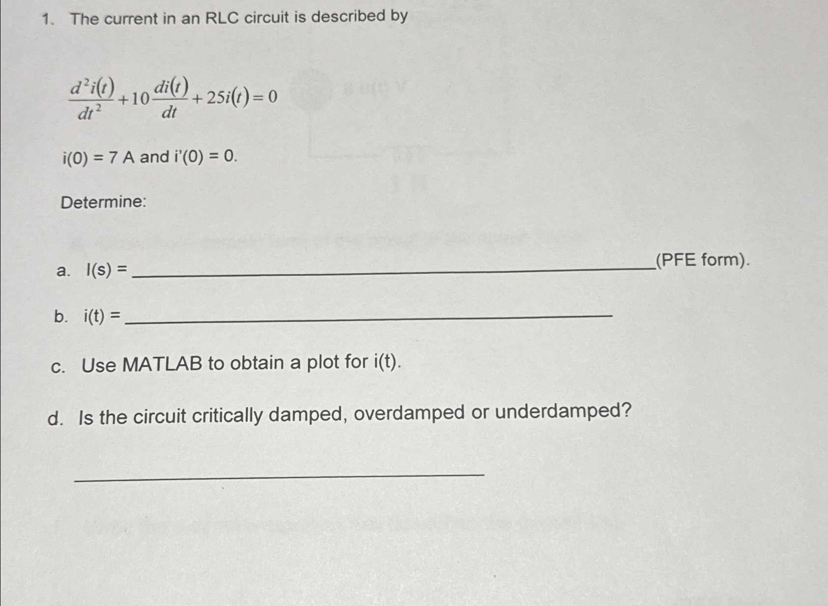 Solved The current in an RLC circuit is described | Chegg.com