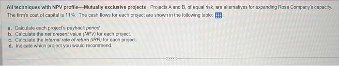 Solved All techniques with NPV profile - Mutually exclusive | Chegg.com