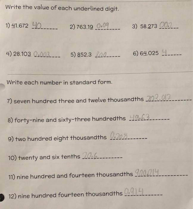 Solved Write the value of each underlined digit. 1) 41.672 | Chegg.com
